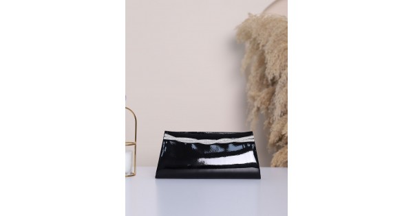 Chain Strap Stone Detailed Snap Fastener Patent Leather Evening Bag